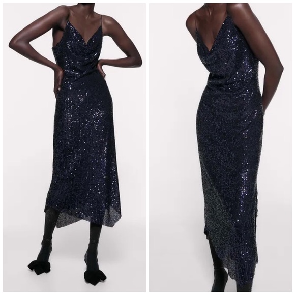 Zara | Dresses | Zara Midnight Blue Black Sequin Slip Dress Xs | Poshmark
